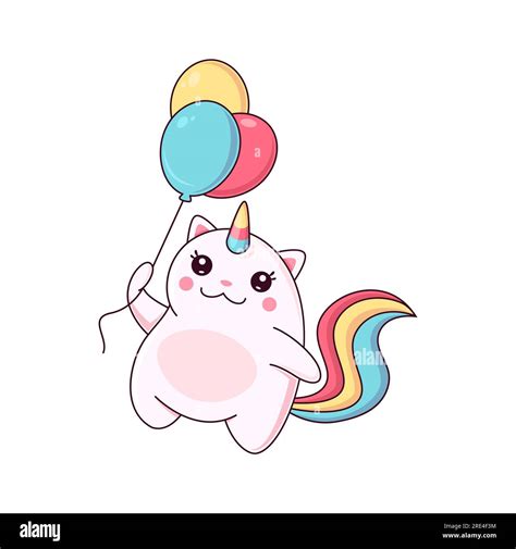 Cartoon Kawaii Caticorn With Colorful Balloons Bunch Cute Vector Unicorn Cat Funny Pink Magic