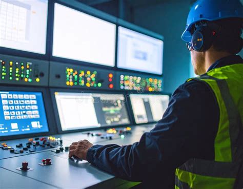 A Plant Worker Monitors Digital Panels In A Dimly Lit Control Room Stock Image Image Of