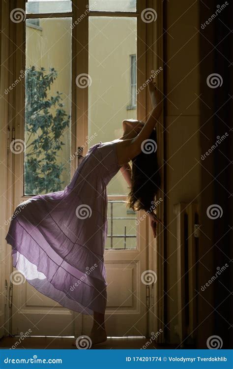 Sensual Lady She Happy Dances Girl Is Dressed In Nightwear Young