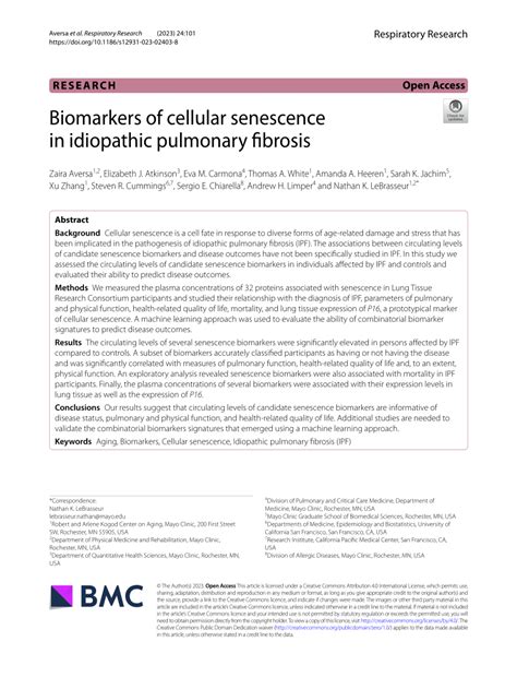 Pdf Biomarkers Of Cellular Senescence In Idiopathic Pulmonary Fibrosis