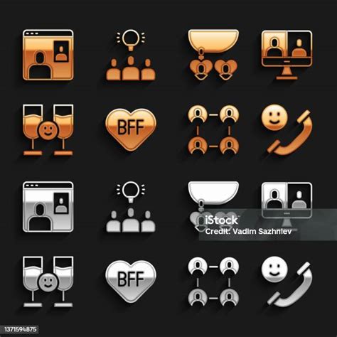 Bff 또는 가장 친한 친구를 영원히 설정 비디오 채팅 컨퍼런스 수신 전화 모바일 음주 친구 하트 모양의 목걸이 프로젝트 팀 기본 아이콘 벡터 1위에 대한 스톡 벡터 아트