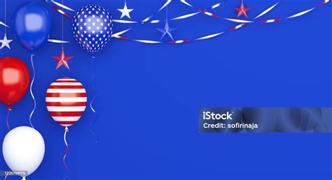 7 월 4 일 미국 인사말 카드 배너 템플릿 전단지 레이아웃 풍선 파란색 배경에 별과 리본 복사 공간 텍스트 3d 렌더링 그림의 해피 독립 기념일 빨강에 대한 스톡 사진 및