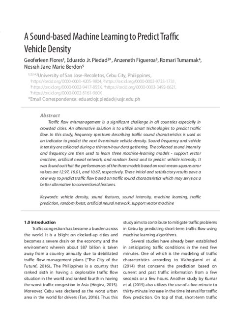 Pdf A Sound Based Machine Learning To Predict Traffic Vehicle Density