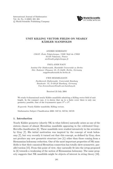Pdf Unit Killing Vector Fields On Nearly Kahler Manifolds Dokumen Tips