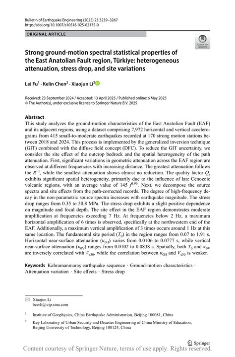 Strong Ground Motion Spectral Statistical Properties Of The East Anatolian Fault Region Türkiye
