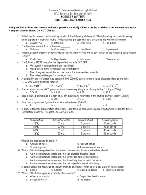 1st Grading Exam Chemistry Pdf Chlorine Sodium Chloride