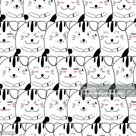귀여운 유치한 태비 화이트 고양이 낙서 에 해피 핑크 수줍은 Kawaii 그리고 재미 사랑 스러운 분위기 원활한 패턴 감정에