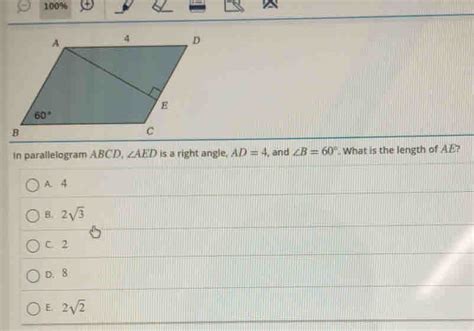 Solved 100 In Parallelogram Abcd ∠ Aed Is A Right Angle Ad4 And