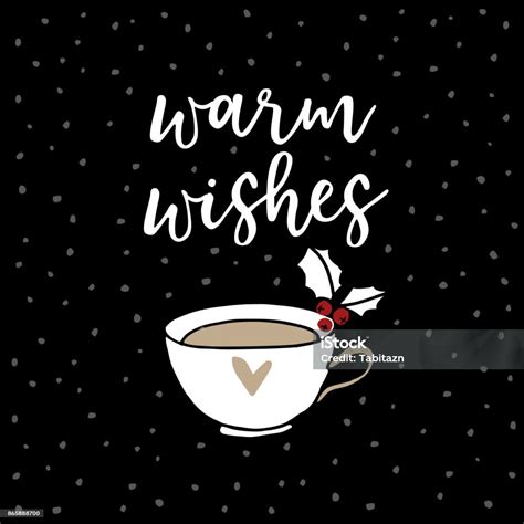 크리스마스 새 해 인사 카드 초대장입니다 따뜻한 손으로 쓴된 텍스트를 기원합니다 손으로 그려 홀리 열매에 의해 꾸며진 커피 또는 차 한잔 벡터 일러스트 레이 션 레터링