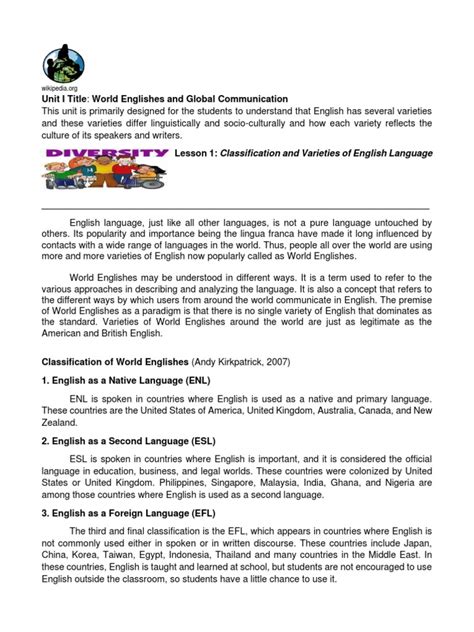 Lesson 1 Classification And Varieties Of English Language Pdf