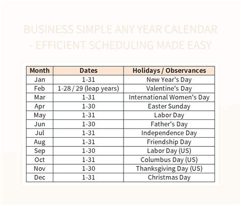 Business Simple Any Year Calendar Efficient Scheduling Made Easy