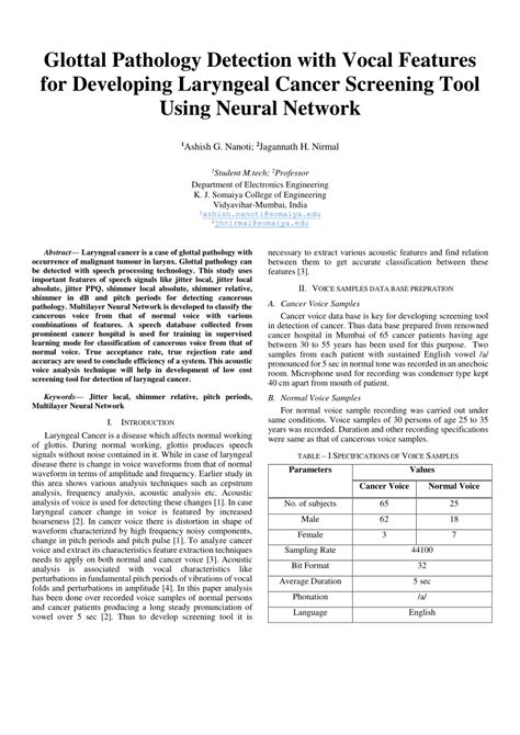 Pdf Glottal Pathology Detection With Vocal Features For Developing Laryngeal Cancer Screening