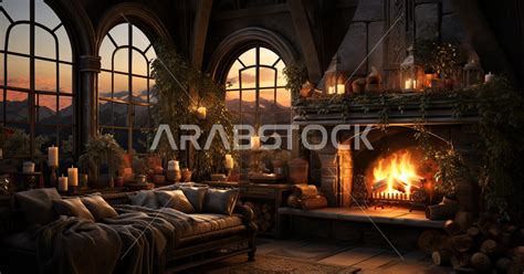 مدفأة حطب في غرفة معيشه بتصاميم عصرية حديثه، أثاث منزلي داكن راقي
