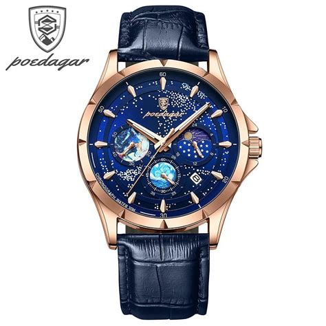 POEDAGAR Brand Fashion Blue Starry Sky Quartz Watch For Men Luxury Leather Waterproof HD