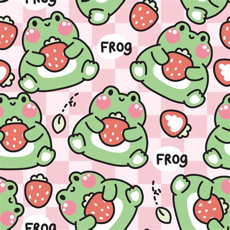 Seamless Patern Of Cute Frog With Strawberry And Leaf Background