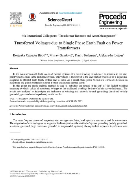 Pdf Transferred Voltages Due To Single Phase Earth Fault On Power Transformers