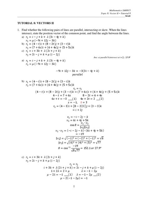 Tutorial 8 Vectors Ii Answer Scheme Pdf Plane Geometry Angle