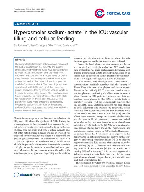 Pdf Hyperosmolar Sodium Lactate In The Icu Vascular Filling And Cellular Feeding