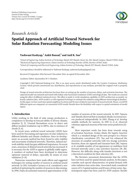 Pdf Spatial Approach Of Artificial Neural Network For Solar Radiation