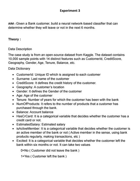 Ml Exp 3 Theory Experiment 3 Aim Given A Bank Customer Build A