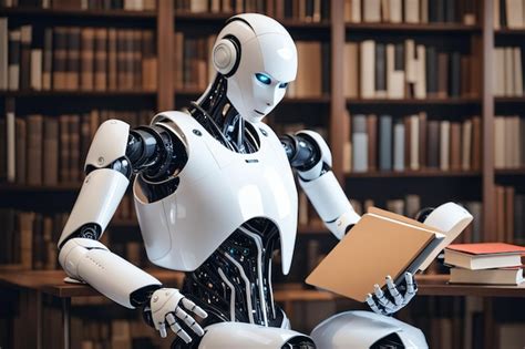 premium photo a human robots quest for knowledge reading books in a