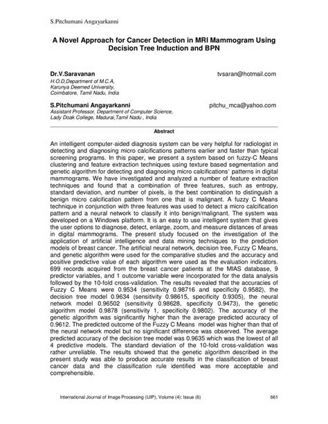 Pdf A Novel Approach For Cancer Detection In Mri Mammogram Using Decision Tree Induction And