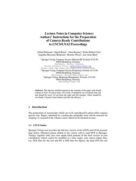 Springer Lncs Word Template Pdf Te X Typefaces