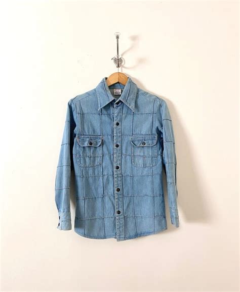 Vintage 70s Denim Windowpane Patchwork Snap Front Bu Gem