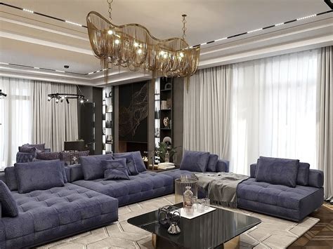 Гостиная с синим диваном и люстраю