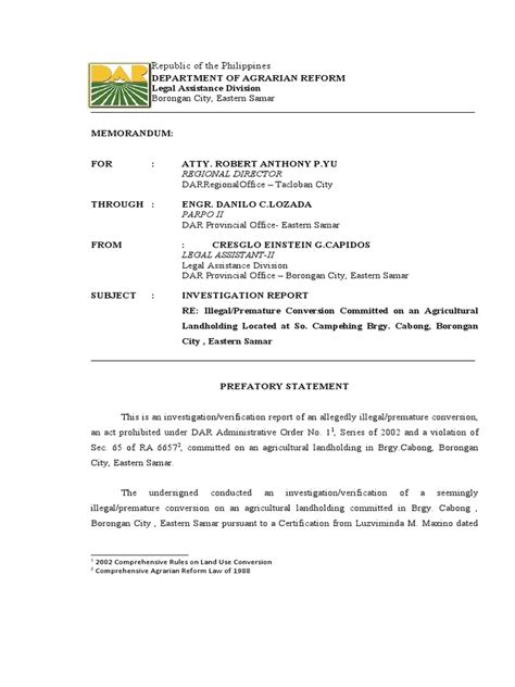 Illegal Conversion Brgy Cabong Borongan Eastern Samar Pdf
