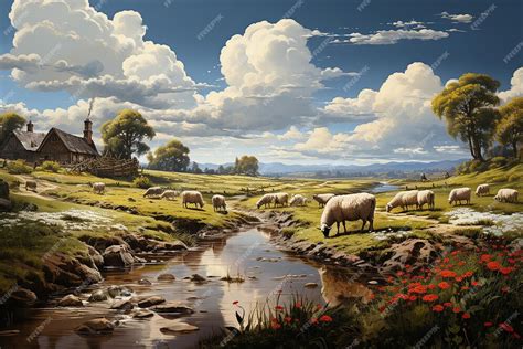 Premium Ai Image Title Pastoral Scene With Grazing Sheep