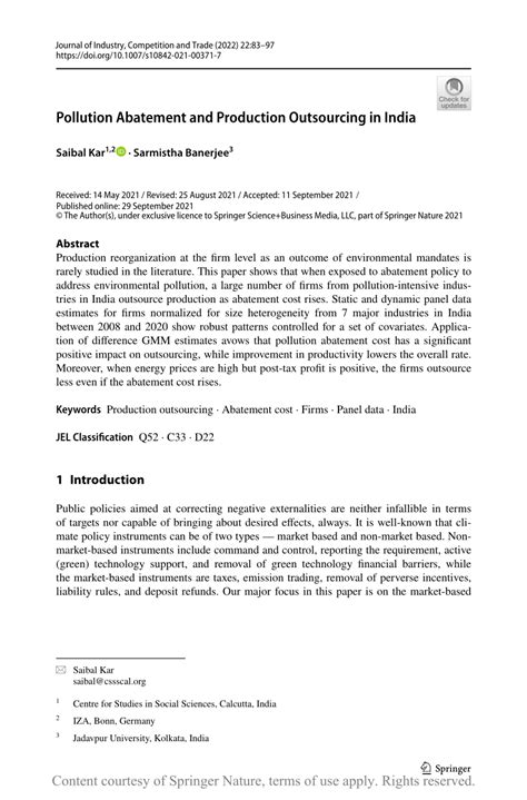 Pollution Abatement And Production Outsourcing In India Request Pdf