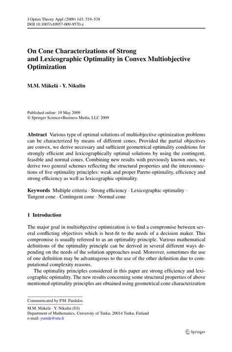 Pdf On Cone Characterizations Of Strong And Lexicographic Optimality