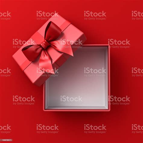 빨간색 리본과 활 또는 그림자 최소한의 개념으로 빨간색 배경에 고립 된 오픈 레드 선물 상자의 상단 보기가있는 빈 빨간색 선물 상자 상자에 대한 스톡 벡터 아트 및 기타