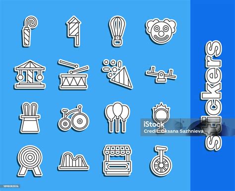 세트 라인 외발 자전거 또는 한 바퀴 자전거 서커스 화재 후프 시소 열기구 드럼 스틱 드럼 어트랙션 회전 목마 생일 파티 경적 및 축제 색종이 아이콘 벡터 1에 대한 스톡