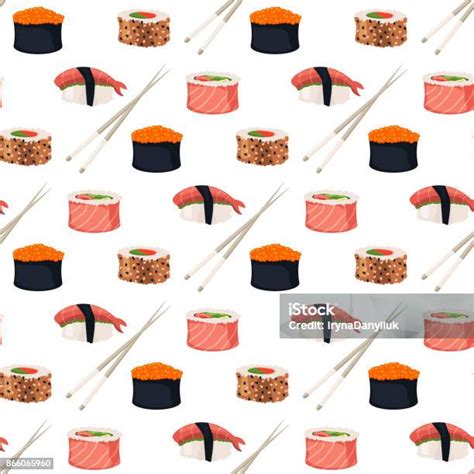 스시 롤 사시 미 해산물 생선 쌀 원활한 패턴 신선한 간장 일본의 식사 마 키 원시 새우 일본 음식 배경 레스토랑 전통적인 아시아 요리 벡터 일러스트 레이 션 건강한 생활