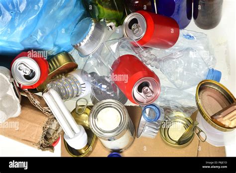 Trash For Recycling With Glass Bottles Cans Plastic Bottle And Bulb