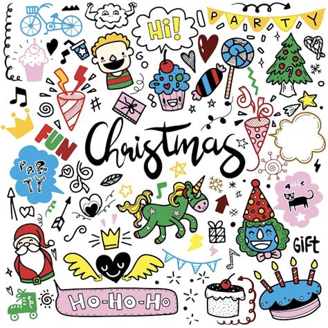 Lindo conjunto de garabatos navideños dibujados a mano Vector Premium