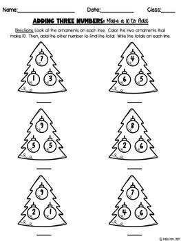 Holiday Adding Three Numbers Make A 10 Strategy Christmas Tree Practice