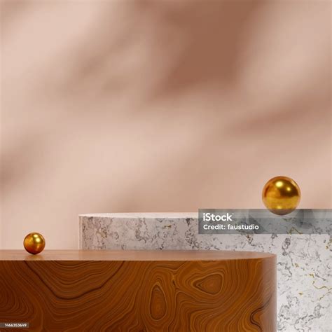 대리석과 나무 질감의 연단의 모형 공간은 살구 색 벽 3d 이미지 렌더링이 있는 정사각형입니다 서 있기에 대한 스톡 사진 및 기타 이미지 Istock