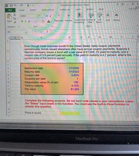 Solved G 1 Calculating A Bond Price Excel 5 File Home