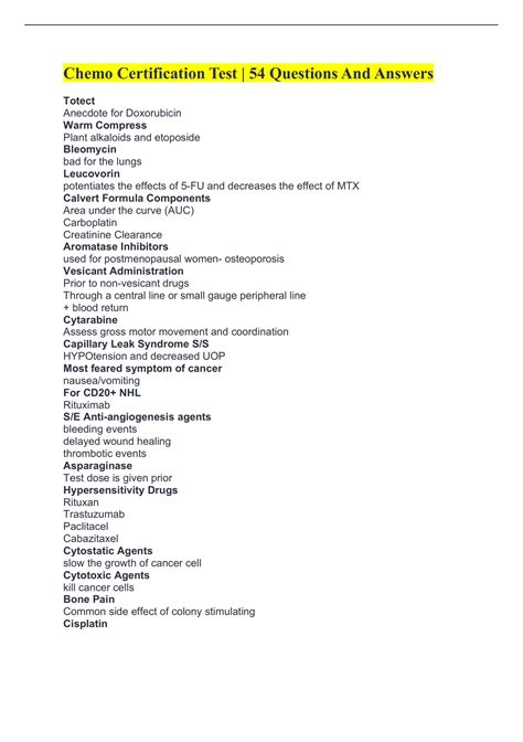 Chemo Certification Test 54 Questions And Answers Chemo