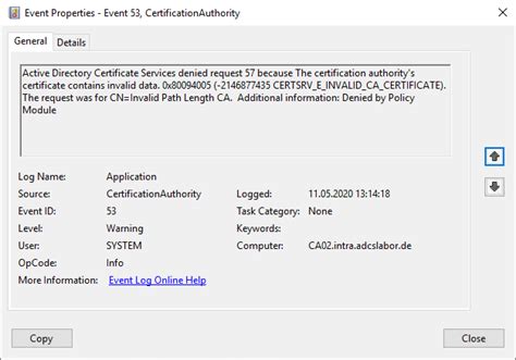 The Request For A Certification Authority Certificate Fails With The
