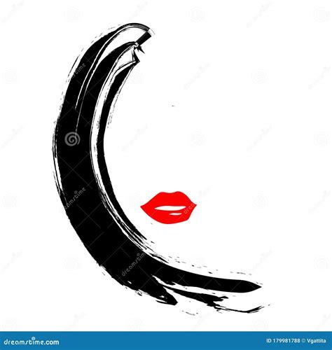 Vector Illustration Woman Black Hair And Red Lips Isolated On White