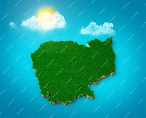 캄보디아지도 토양 토지 지질학 횡단면 푸른 잔디와 바위 땅 질감 3d 그림 프리미엄 사진