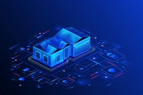 스마트 홈 기술 빌딩 Iot 배너 인터넷 네트워크에 의해 자동화 된 집 보안 및 기기 관리 시스템 아키텍처 자동화 제어 인포그래픽 터 배경 프리미엄 벡터