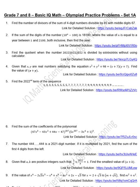 Grade 7 And 8 Basic Iq Math Practice Problems Set 1a Pdf Pdf Numbers Polynomial