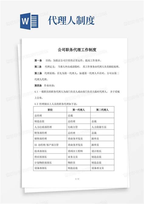 最新版 公司职务代理工作制度Word模板下载 熊猫办公