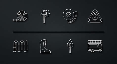 세트 라인 소방 호스 릴 삼각형의 불꽃 불 부츠 소방관 도끼 트럭 및 울리는 경보 벨 아이콘과 불타는 성냥 벡터 검은색에 대한 스톡 벡터 아트 및 기타 이미지 Istock