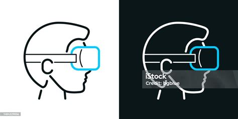 Vr 헤드셋을 가진 남자 가상 현실 검정 또는 흰색 배경에 바이 컬러 라인 아이콘 편집 가능한 획 360도 촬영에 대한 스톡